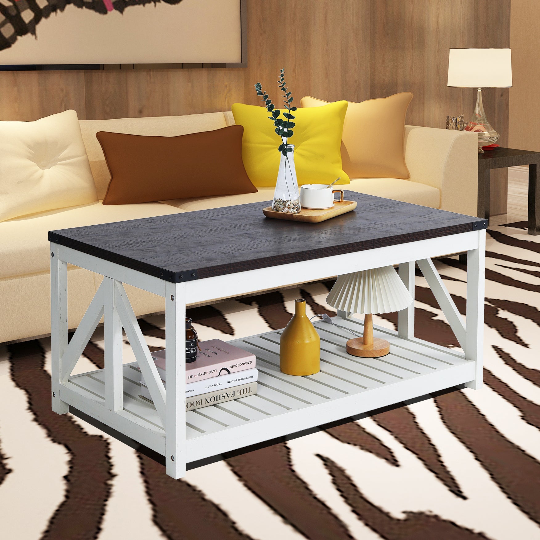 Farmhouse Coffee Table with Slat Shelf and Corner Protection, 40 Inch,